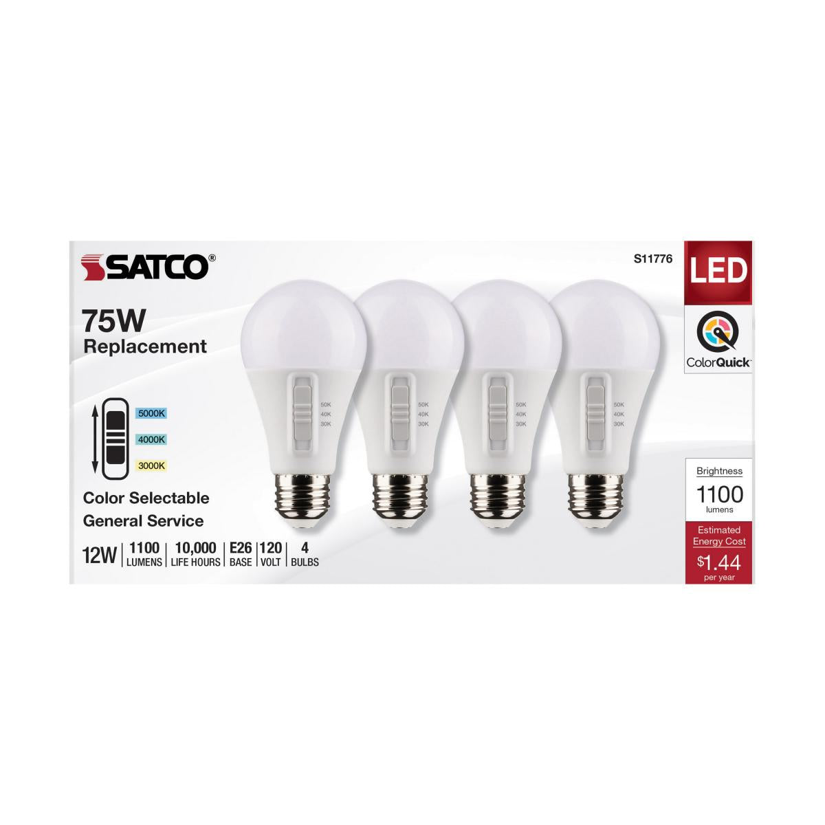 12W LED A19 3CCT Bulbs - 4Pk